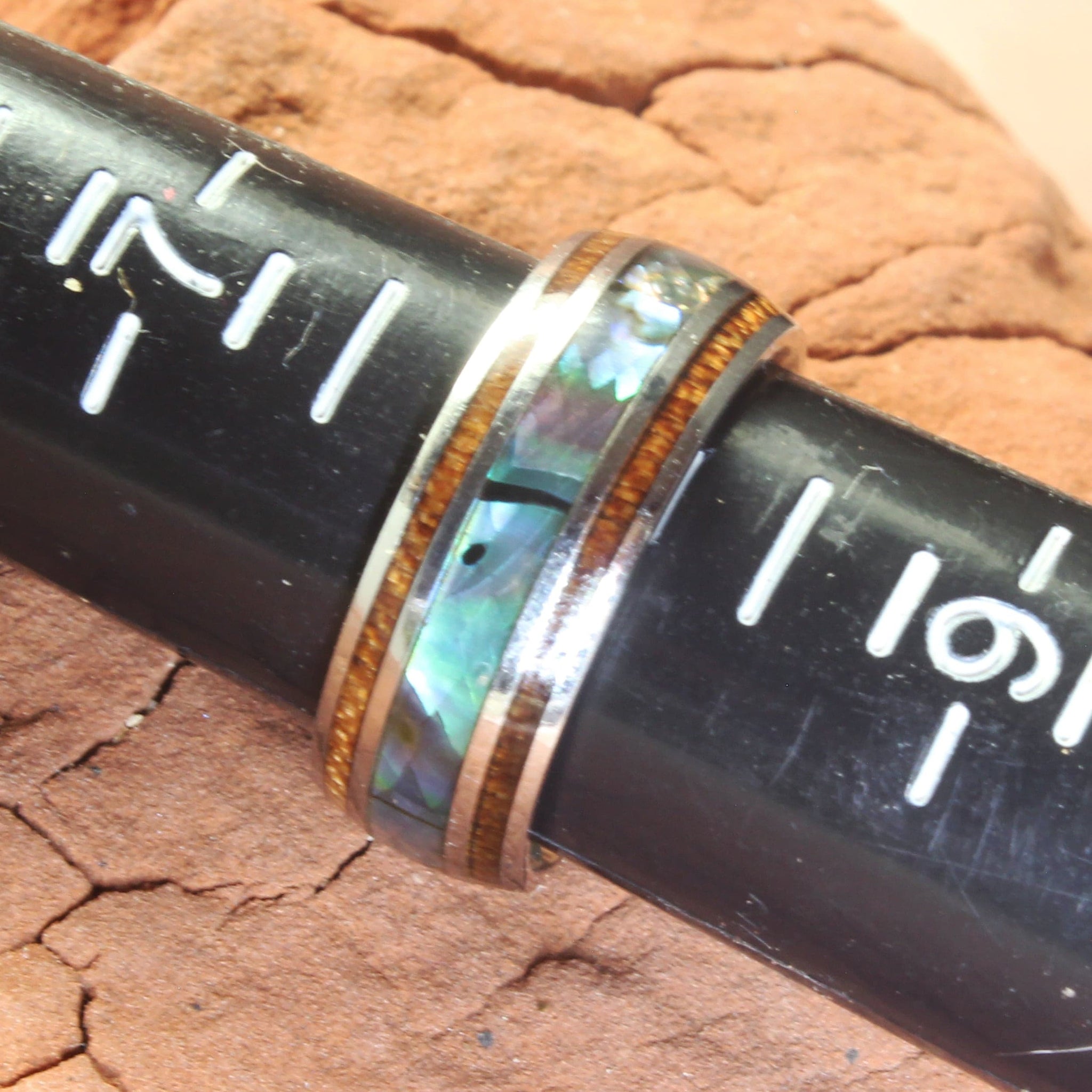 Hawaiian Koa Wood Abalone Shell Ring Size 8 316L Steel Aloha Brand